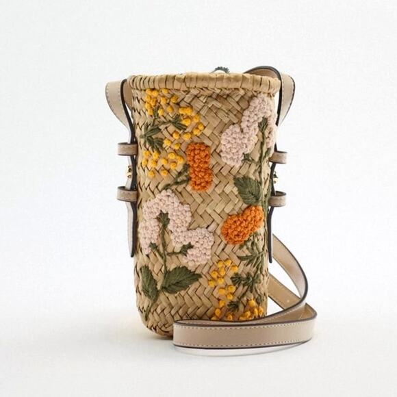 Zara | Bags | Zara Raffia Wicker Crossbody Embroidered Bucket Bag ...